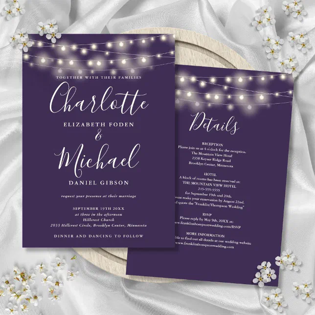 String Lights Purple All In One Simple Wedding Invitation | Zazzle