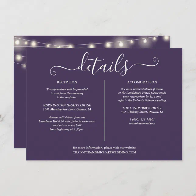 String Lights Purple Wedding Details Info Invitation | Zazzle