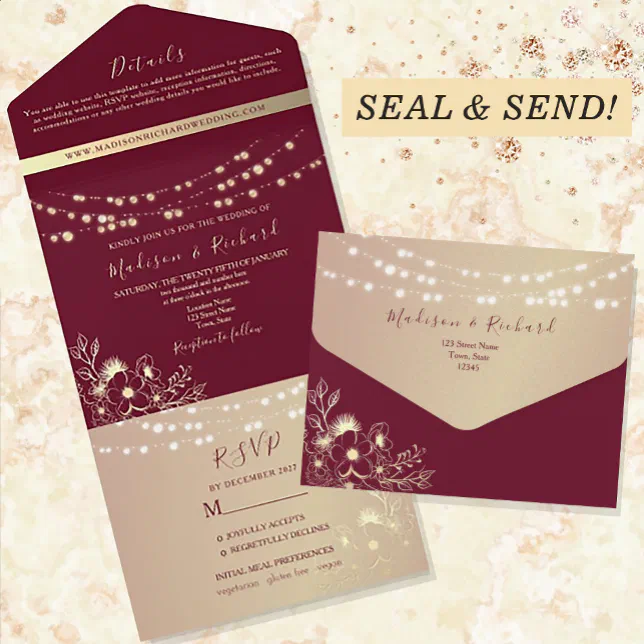 String Lights Rustic Burgundy Wedding All In One Invitation | Zazzle