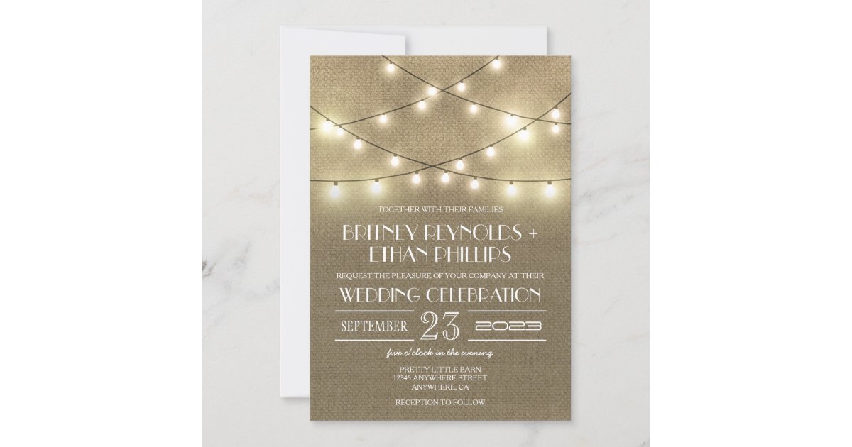 String Lights + Rustic Burlap Wedding Invitations | Zazzle
