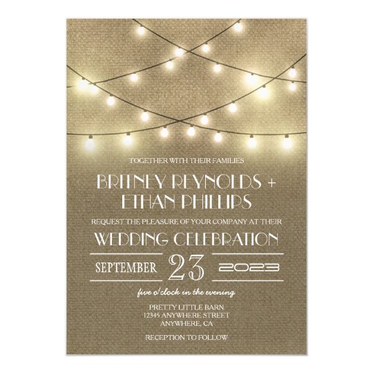 String Lights + Rustic Burlap Wedding Invitations | Zazzle.com