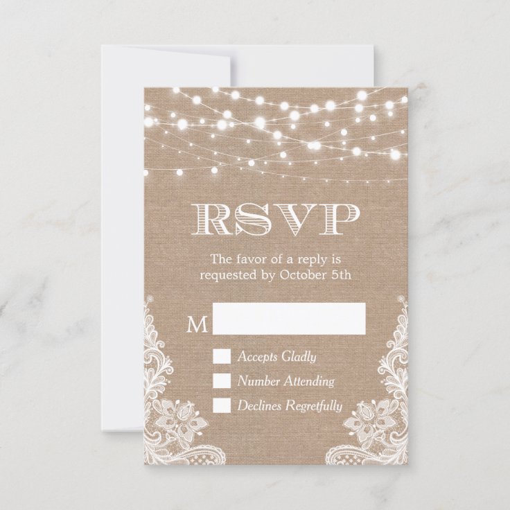 String Lights Rustic Country Burlap Lace RSVP | Zazzle
