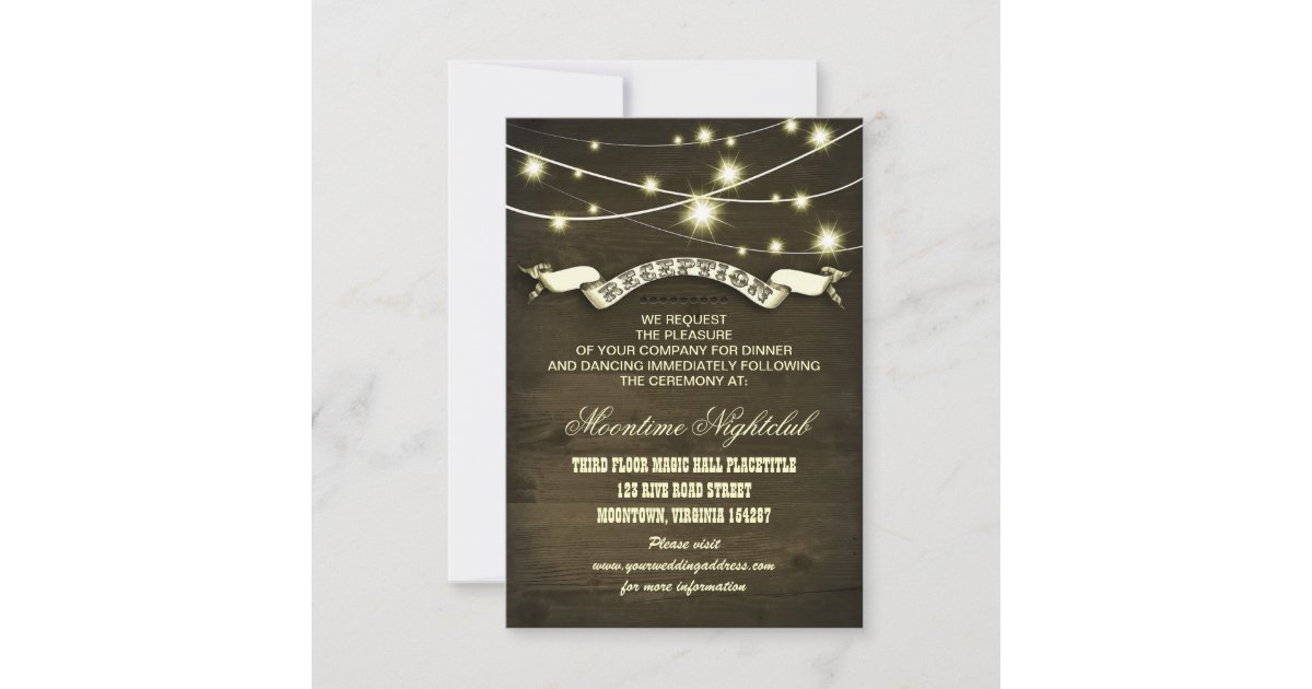string lights rustic country reception cards | Zazzle
