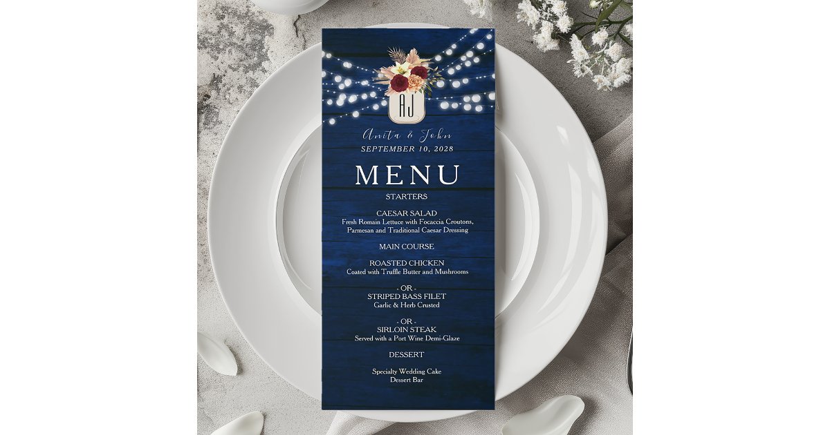 String Lights Rustic Navy Blue Wedding Menu | Zazzle