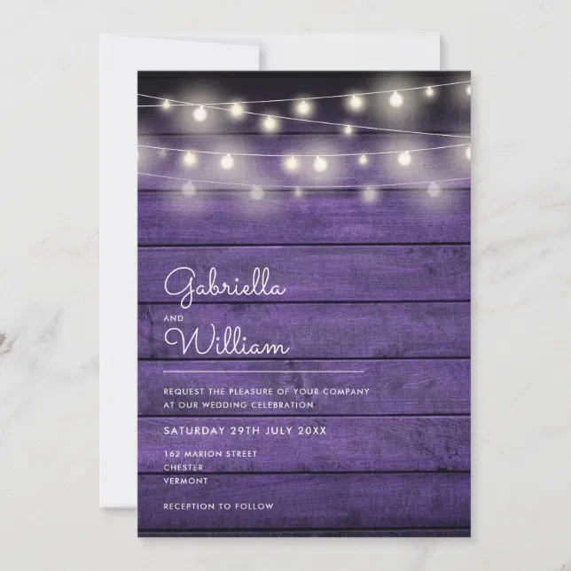 String Lights Rustic Purple Wood Wedding Invitation | Zazzle
