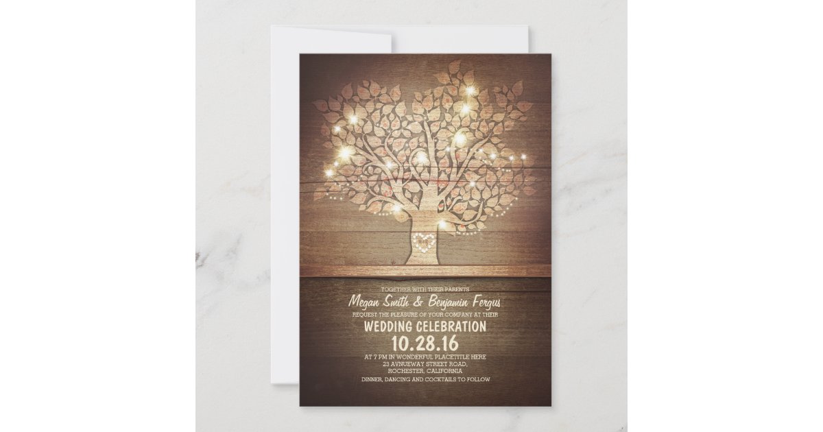 String lights & rustic tree wedding invitations | Zazzle