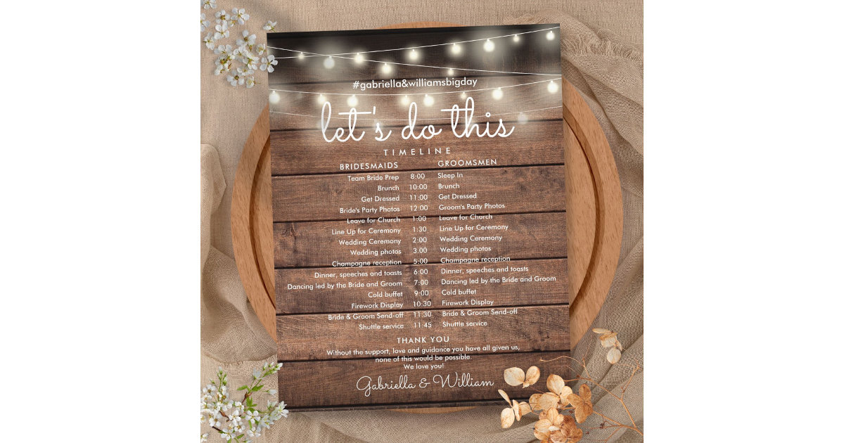 String Lights Rustic Wedding Schedule Timeline | Zazzle
