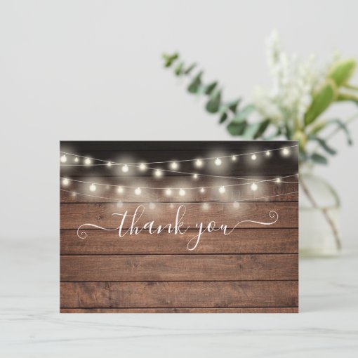 String Lights Rustic Wood Elegant Script Thank You Card | Zazzle