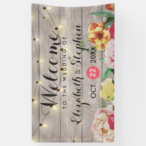 String Lights Rustic Wood Floral Wedding Banner | Zazzle