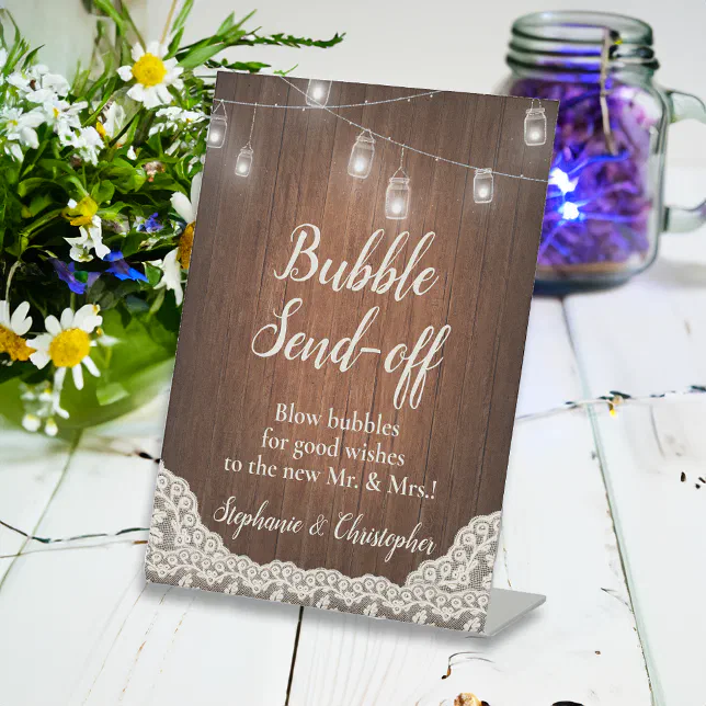 String Lights Rustic Wood Script Bubble Send-Off Pedestal Sign | Zazzle