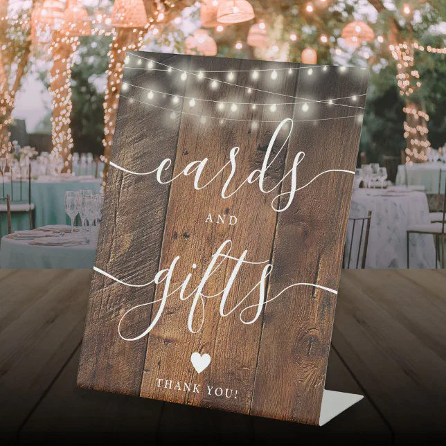 String Lights Rustic Wood Script Cards And Gifts Pedestal Sign | Zazzle