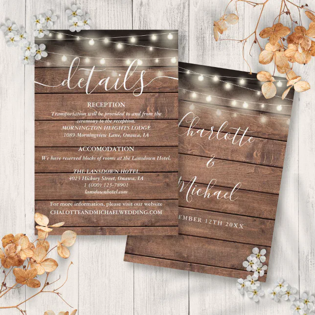 String Lights Rustic Wood Wedding Details Enclosure Card | Zazzle