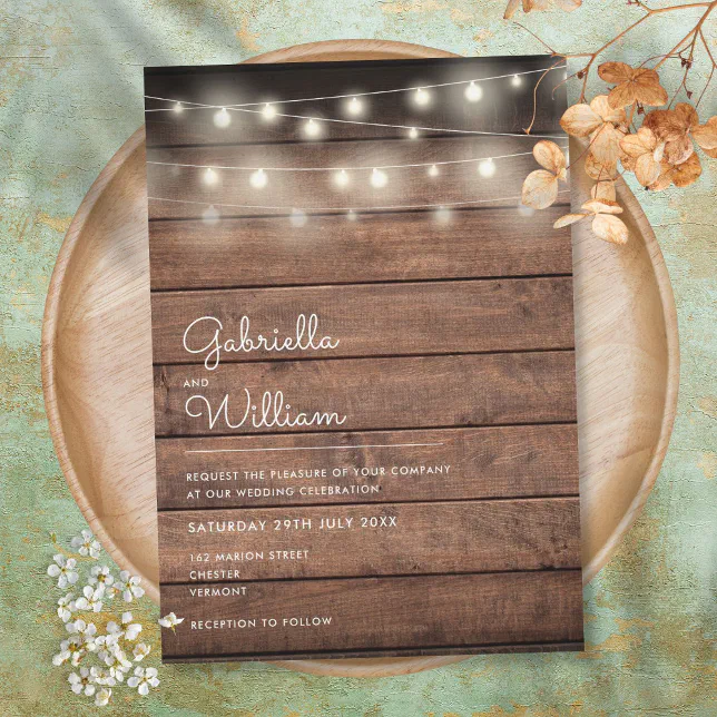 String Lights Rustic Wood Wedding Invitation | Zazzle