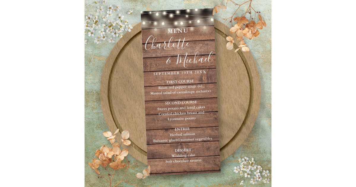String Lights Rustic Wood Wedding Menu | Zazzle