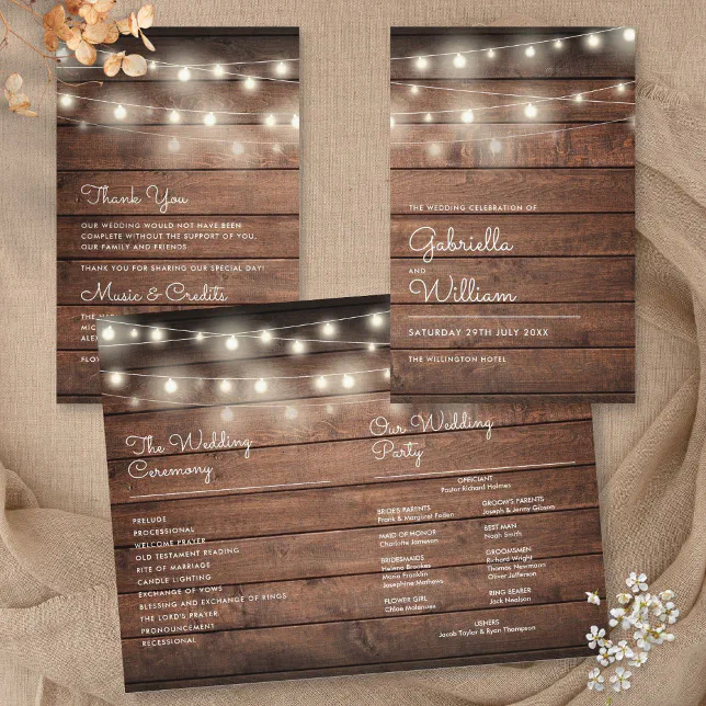 String Lights Rustic Wood Wedding Program | Zazzle