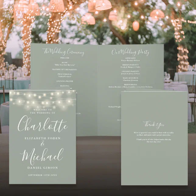 String Lights Sage Green Elegant Script Wedding Program | Zazzle