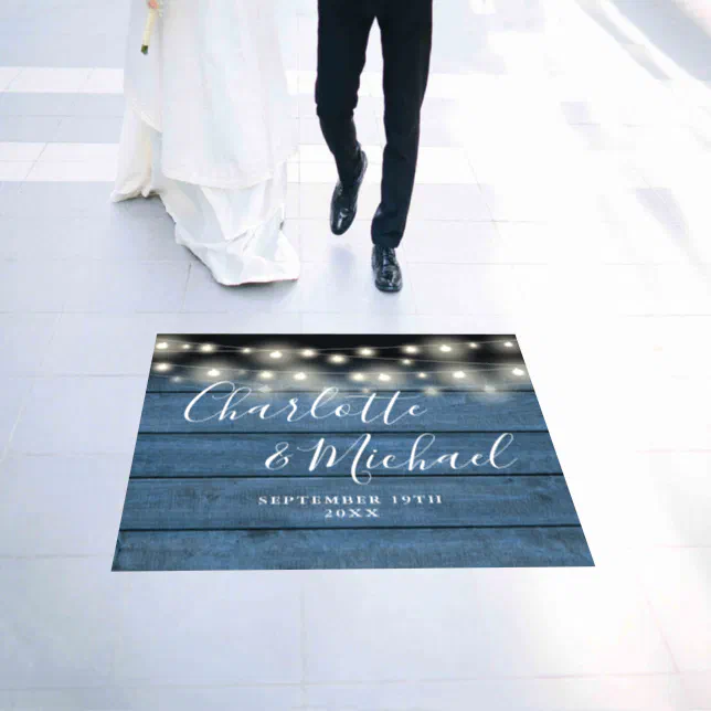 String Lights Script Blue Rustic Wood Wedding Floor Decals | Zazzle