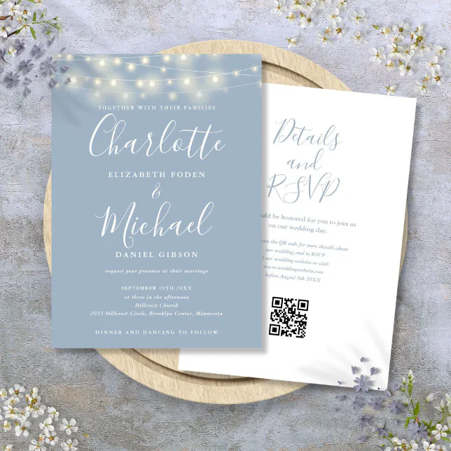 String Lights Script Dusty Blue QR Code Wedding Invitation | Zazzle