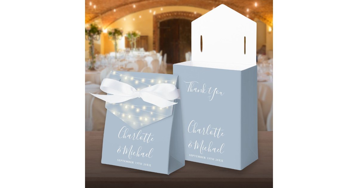 String Lights Signature Script Dusty Blue Wedding Favor Boxes | Zazzle