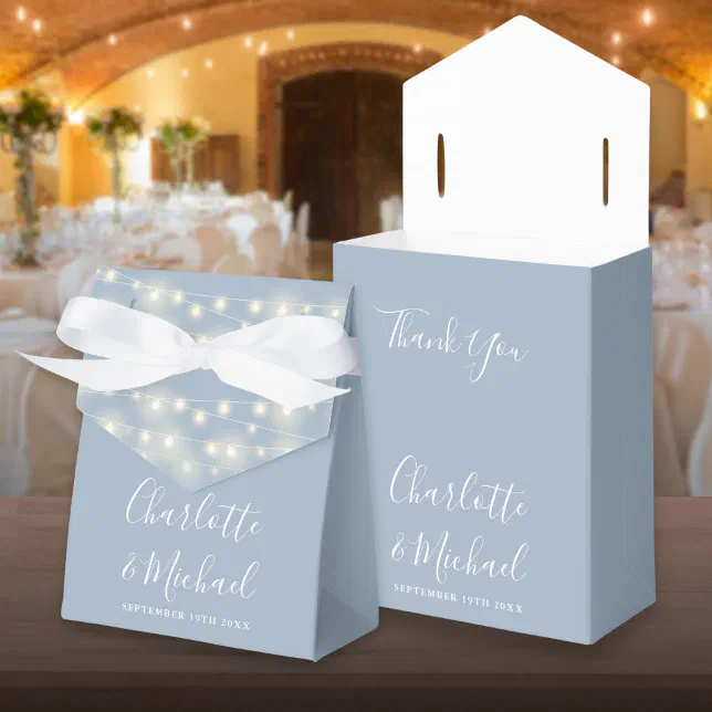 String Lights Signature Script Dusty Blue Wedding Favor Boxes | Zazzle