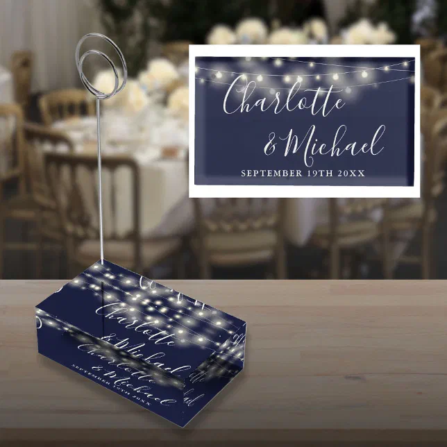 String Lights Signature Script Navy Blue Place Card Holder | Zazzle