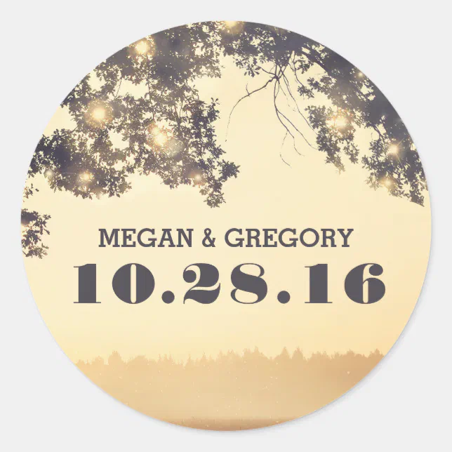 String Lights Tree Branches Rustic Wedding Classic Round Sticker | Zazzle