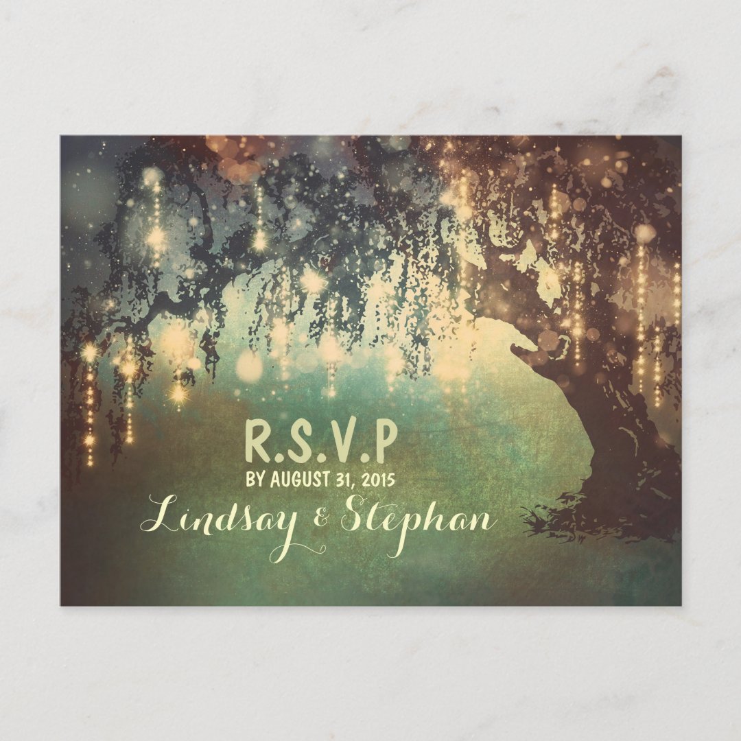 string lights tree RSVP postcards | Zazzle
