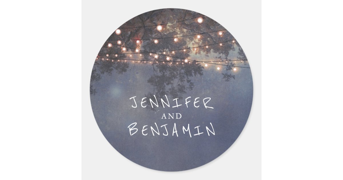 String Lights Tree Rustic Wedding Classic Round Sticker | Zazzle