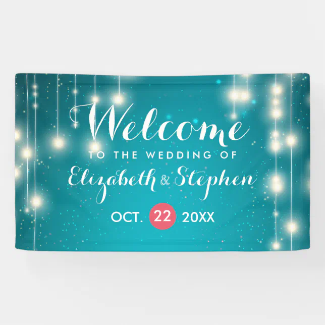 String Lights & Turquoise Glitter Wedding Welcome Banner | Zazzle