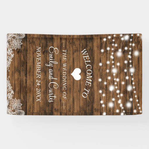 String Lights Wood and Lace Wedding Banner | Zazzle