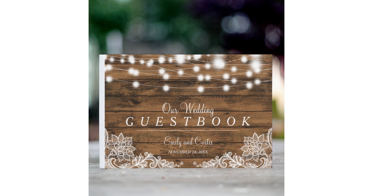 String Lights Wood and Lace | Wedding Guest Book | Zazzle
