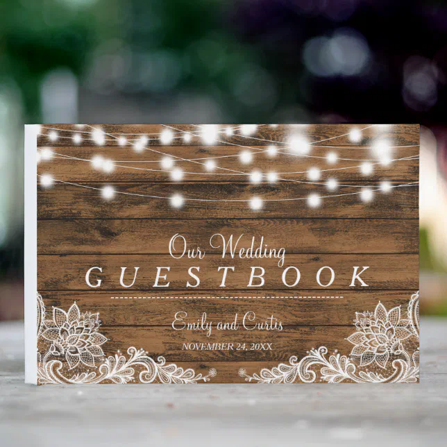 String Lights Wood and Lace | Wedding Guest Book | Zazzle