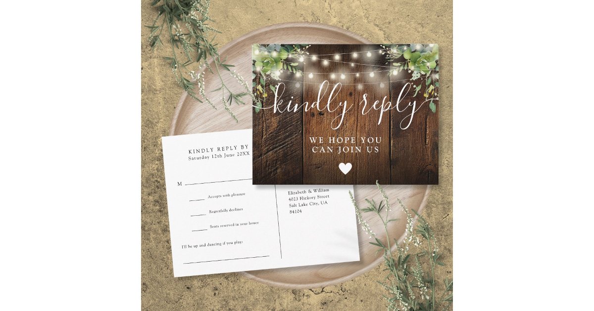 String Lights Wood Song Request RSVP Postcard | Zazzle