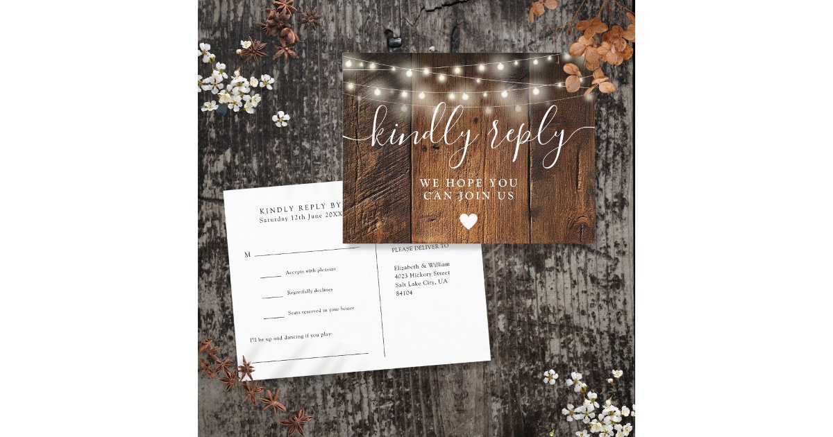 String Lights Wood Song Request RSVP Postcard | Zazzle
