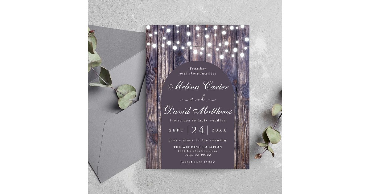String Lights Wooden Background Wedding Invitation | Zazzle