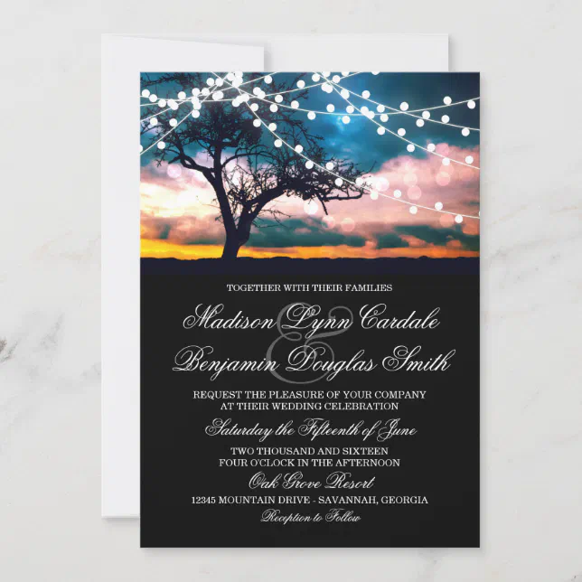 String of Lights Tree at Sunset Wedding Invitation | Zazzle