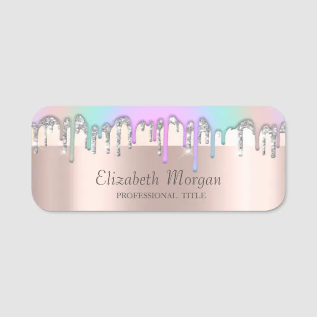Stripe Silver Rainbow Glitter Drips,Rose Gold Name Tag | Zazzle