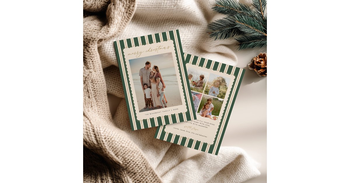 Striped and Scalloped Christmas Card with Photo | Zazzle