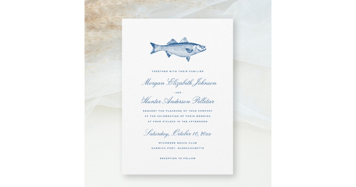 Striped Bass Fishing Theme Elegant Navy Wedding Invitation | Zazzle