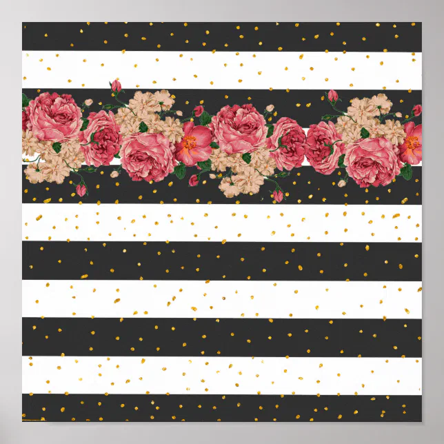 Striped black pink gold glitter confetti floral poster | Zazzle