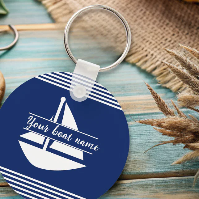 Striped Custom Boat Name Navy Blue Keychain | Zazzle