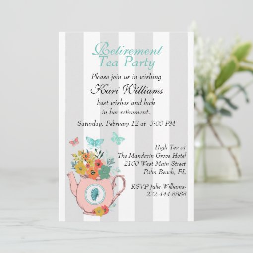 Striped Ladies Retirement Tea Party Invitation | Zazzle