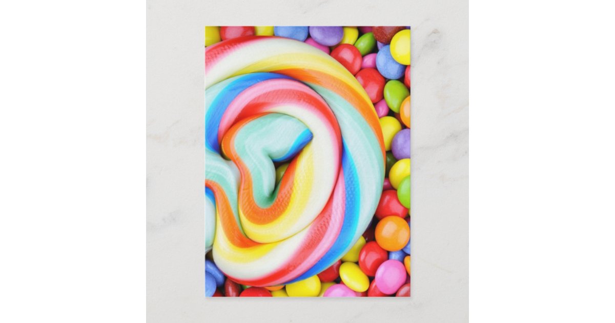 Striped Lollipop And Multicolored Smarties Postcard | Zazzle