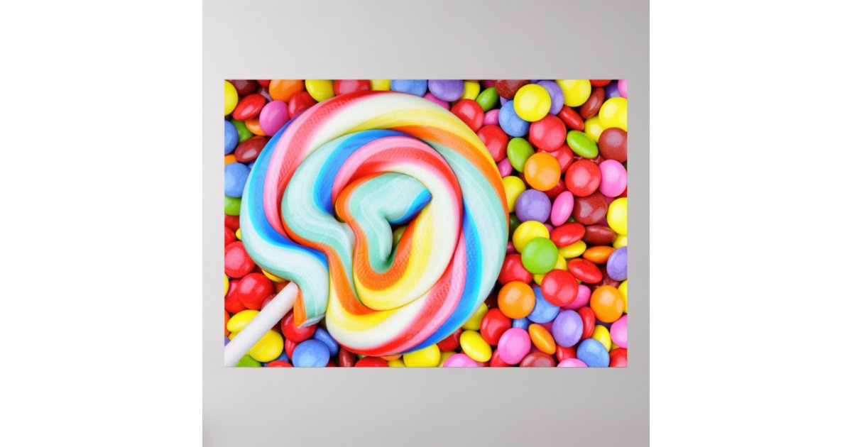 Striped Lollipop And Multicolored Smarties Poster | Zazzle
