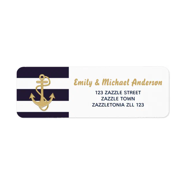 Striped Nautical Address Labels Anchor Navy Gold | Zazzle