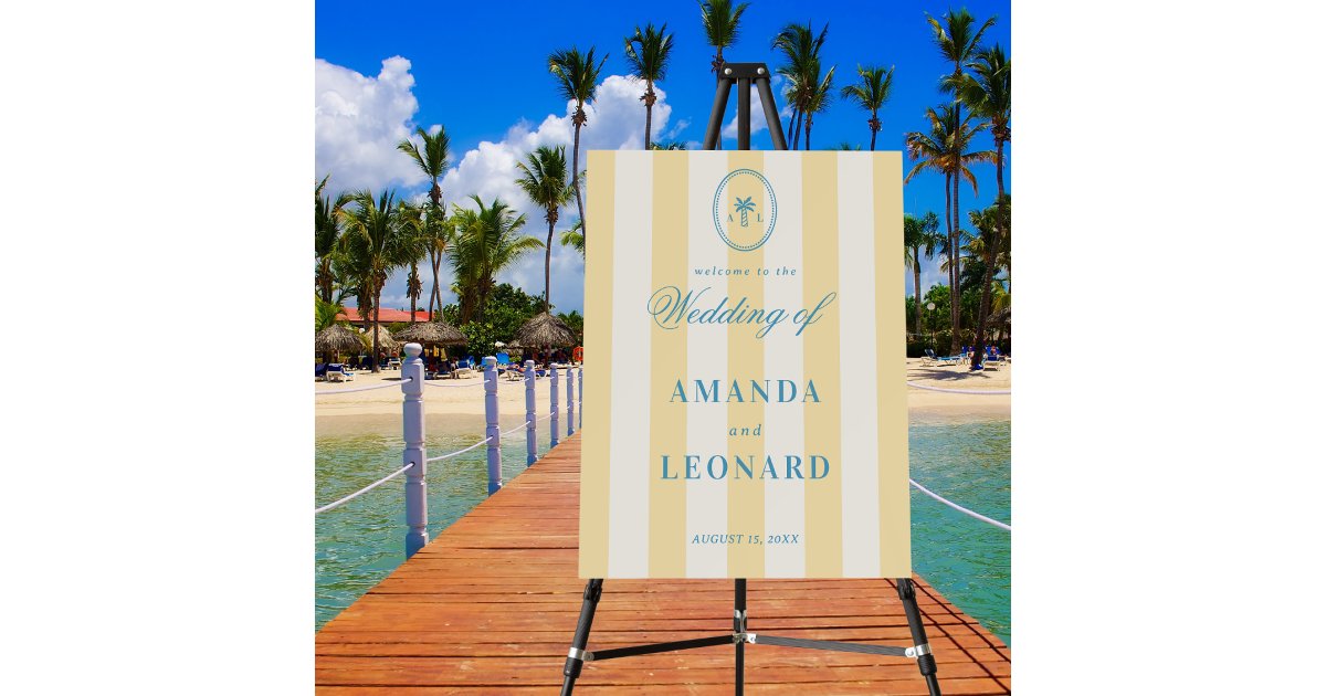 Striped Palm Tree Monogram Beach Wedding Sign | Zazzle