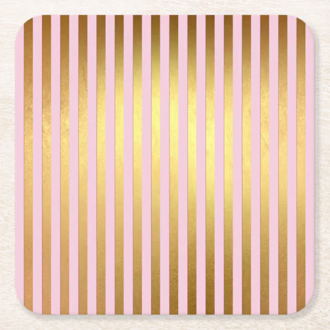 Striped- pink and golden stripes square paper coaster | Zazzle