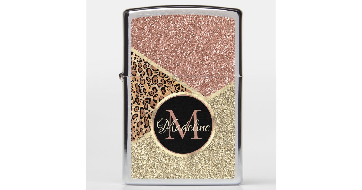 Striped Rose Gold Glitter Leopard Monogram Zippo Lighter | Zazzle