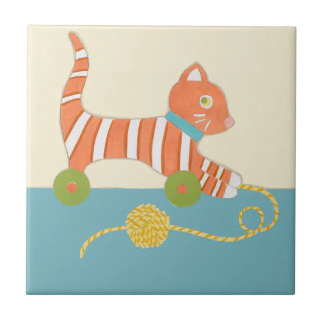 Striped Toy Cat with Ball of String Ceramic Tile | Zazzle