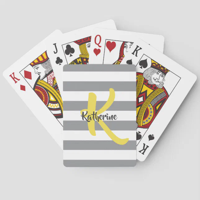Striped White Gray and Yellow Monogram Poker Cards | Zazzle